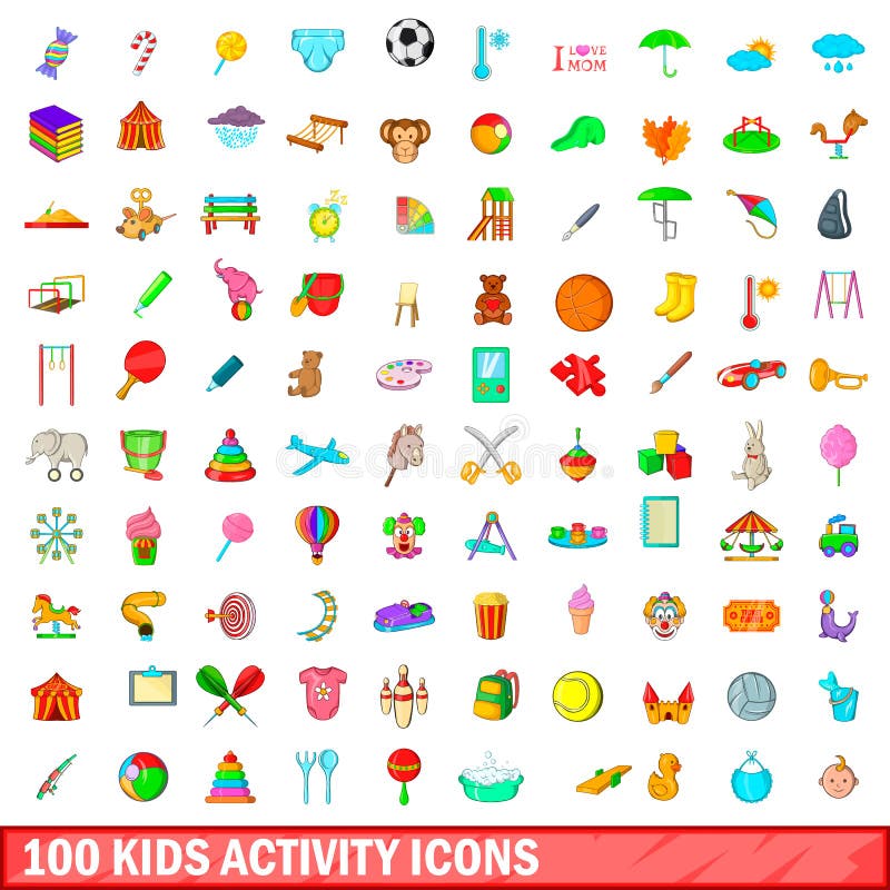 100 Kids Activity Icons Set, Cartoon Style Stock Vector - Illustration ...