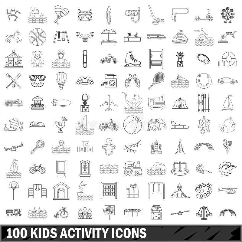 100 Kids Activity Icons Set, Outline Style Stock Vector - Illustration ...