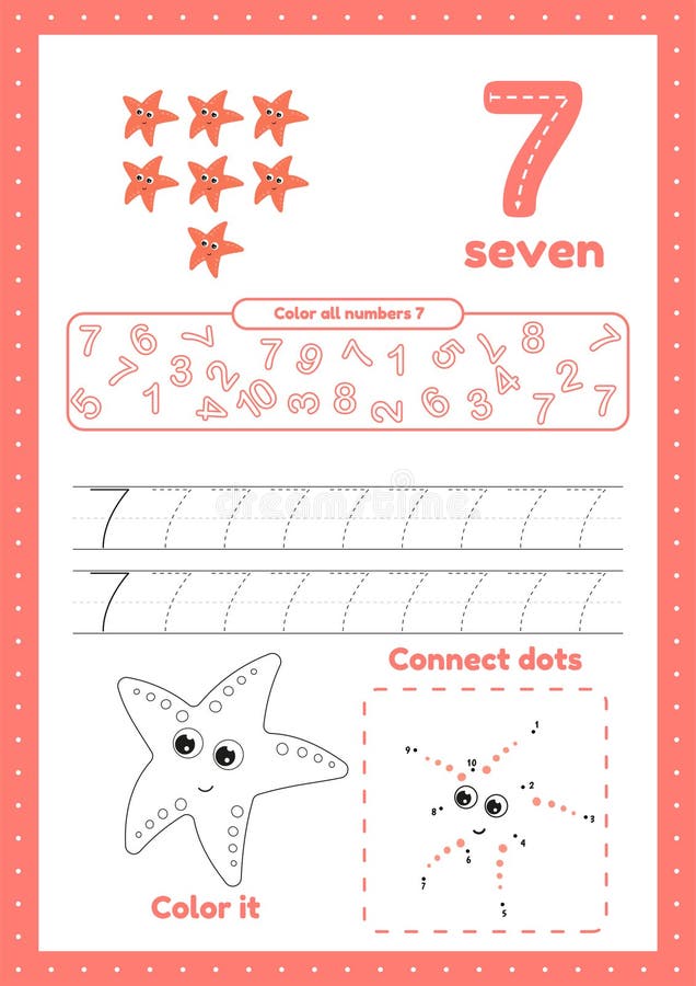 Kids Activity Worksheet. Learn Number Seven. Coloring, Tracing Starfish ...