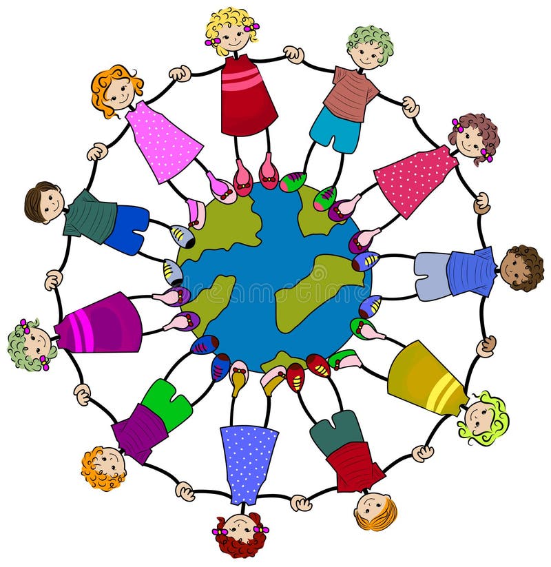 Multicultural Kid Faces United Around Earth Globe Stock Illustration ...