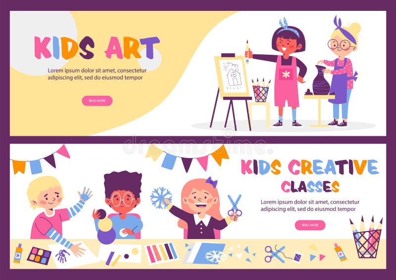Kids Art Lessons and Creative Class Banners Set, Flat Vector ...