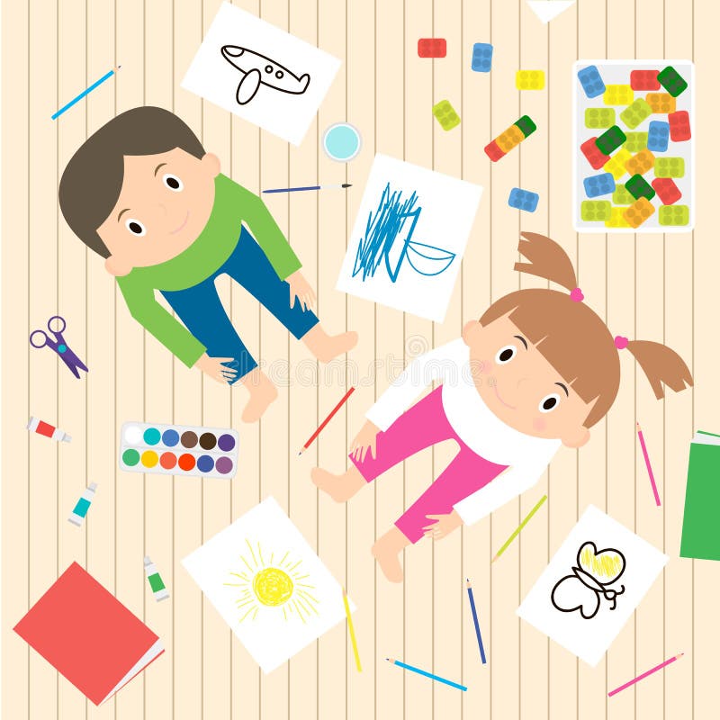 Kids Art-working Process. Kids Creativity Illustration. Girl Keeps ...