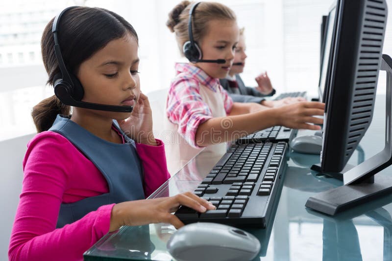Kids As Customer Care Executive Working Stock Photo - Image of call ...