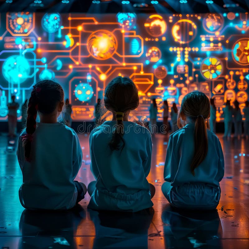 Kids at Assembly with Smart Tech, Observing Vibrant Display of Digital ...