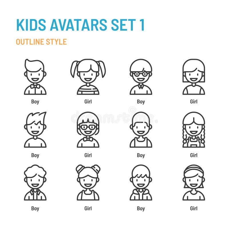 Kids Avatars in Outline Icon and Symbol Set Stock Vector - Illustration ...
