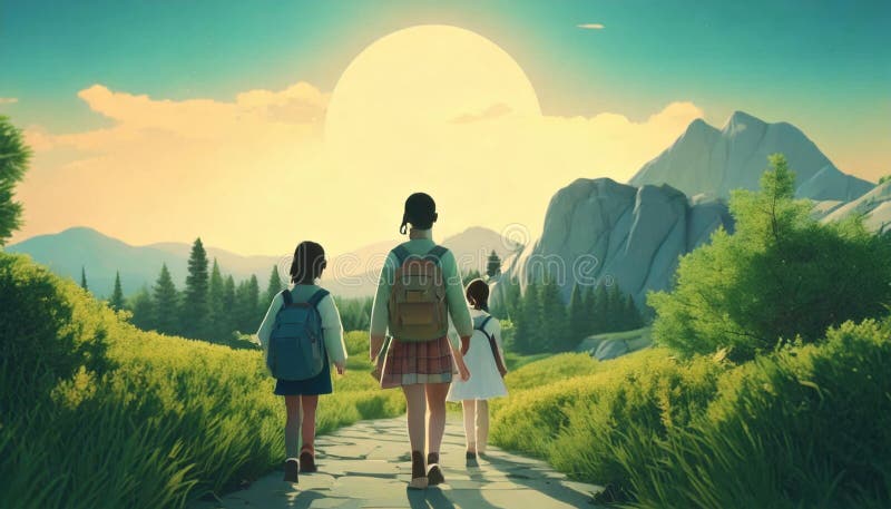 Kids with Backpack Walking Home from School Stock Illustration ...