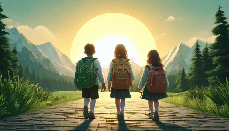 Kids with Backpack Walking Home from School Stock Illustration ...