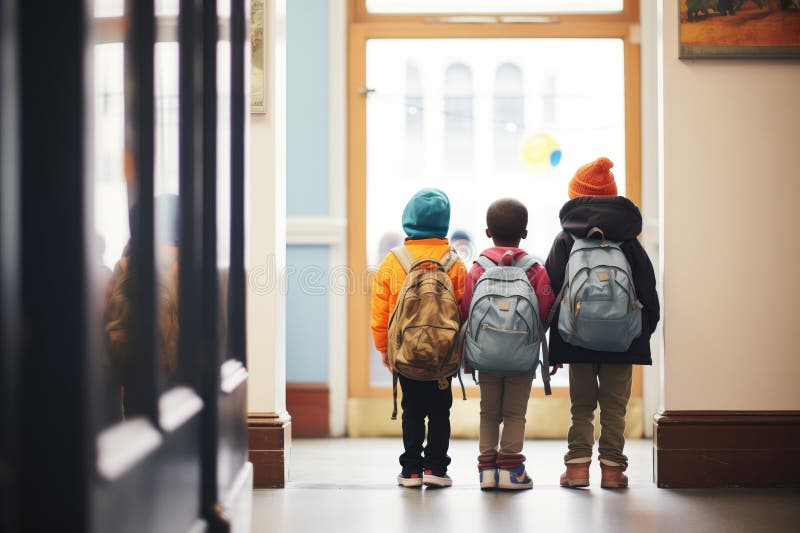 Kids with Backpacks Entering a Museum Stock Illustration - Illustration ...