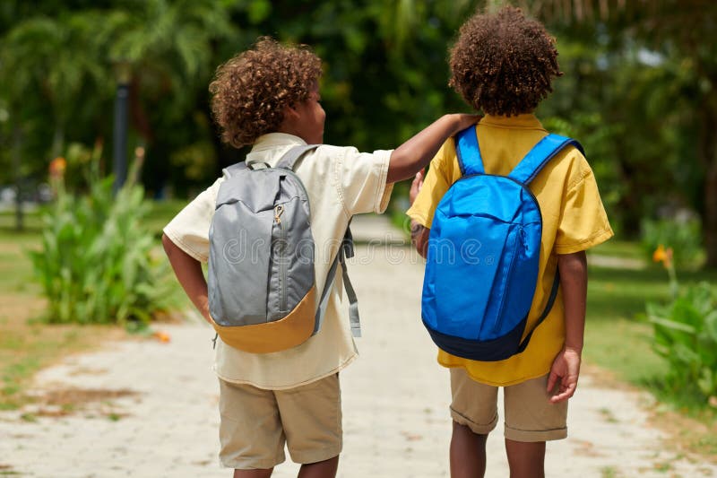 Kids with Backpacks in Park Stock Photo - Image of summer ...