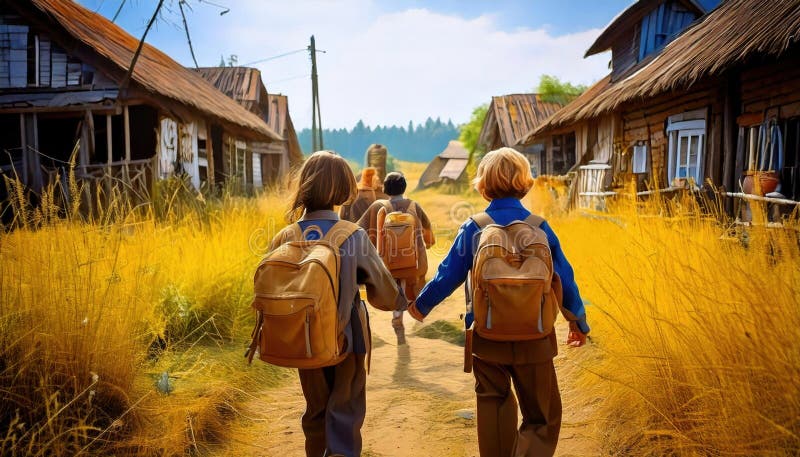 Kids with Backpacks on Their Backs Walking Home from School Stock ...