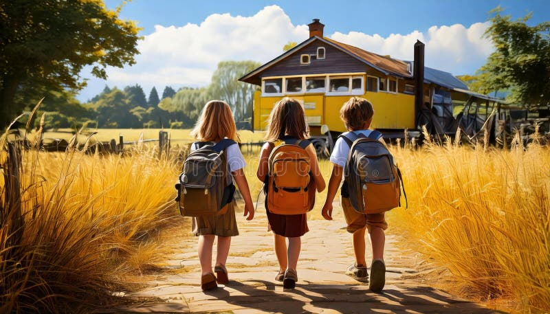 Kids with Backpacks Walking Towards the School Bus Stock Illustration ...