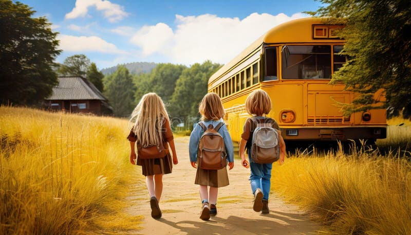 Kids with Backpacks Walking Towards the School Bus Stock Illustration ...