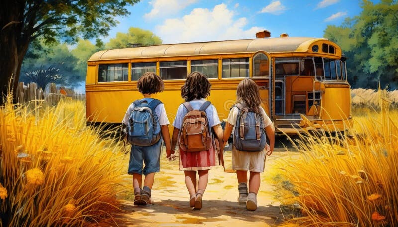 Kids with Backpacks Walking Towards the School Bus Stock Illustration ...