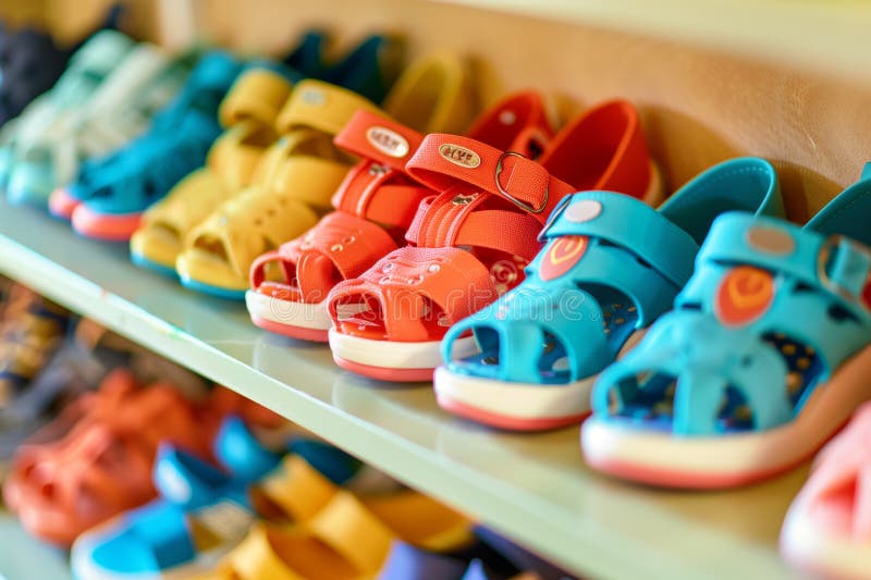 Kids Beach Shoes Arranged by Size on Shelf Stock Photo - Image of chart ...