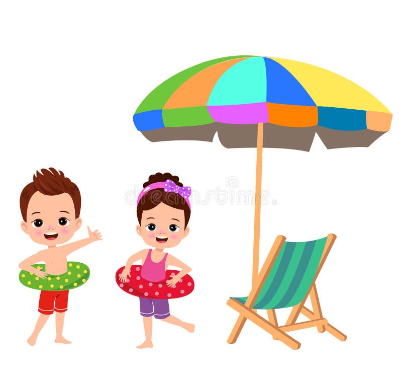 Kids at the Beach with an Umbrella and a Foldable Bed Stock Vector ...