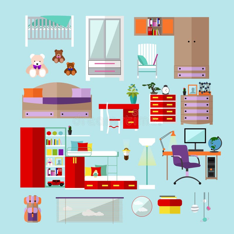 Kids Bedroom Interior Objects in Flat Style. Vector Illustration Stock ...