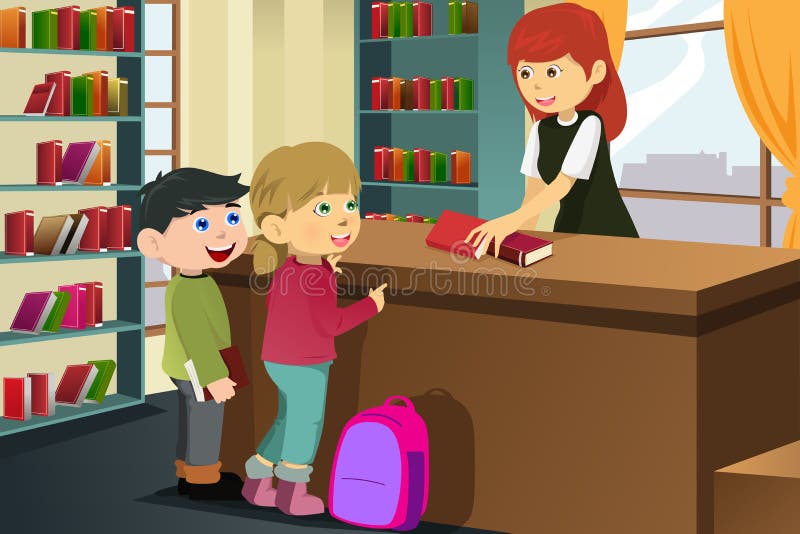 Kids Borrowing Books in the Library Stock Vector - Illustration of kids ...