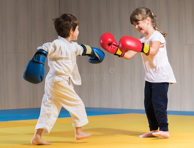 Kids with Boxing Gloves Training Stock Photo - Image of face, child ...