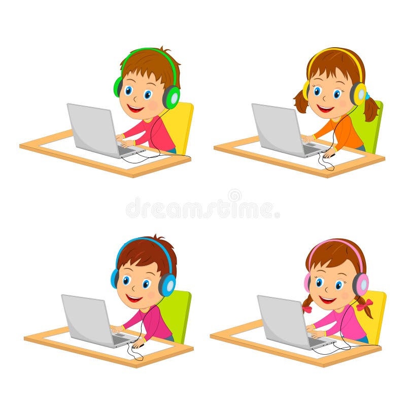 Kids,boy and Girl Using Computer Collection Stock Vector - Illustration ...