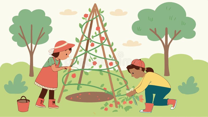 Kids Building Beanpole Trellis, Vertical Garden Support Vector Design ...