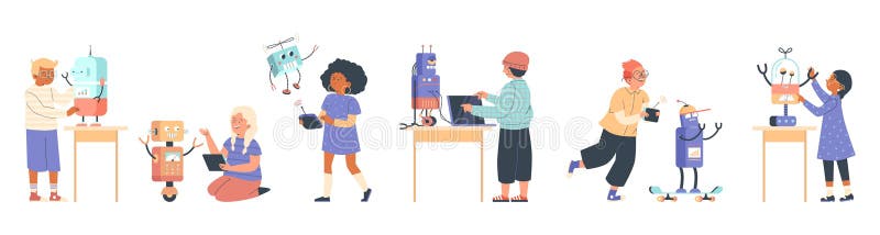 Kids Building and Programming Smart Robots, Cartoon Flat Vector ...