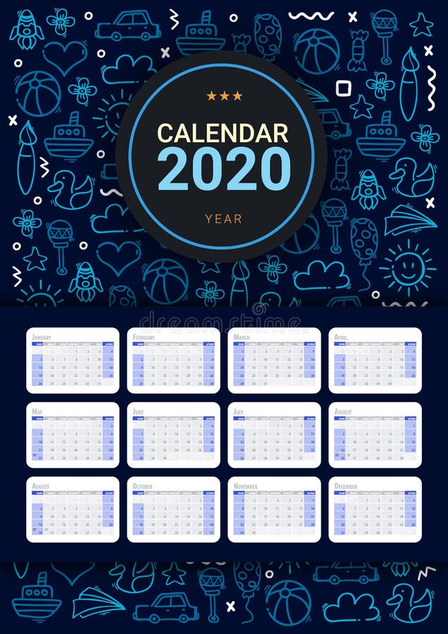 Kids Calendar 2020 with Hand Draw Doodle Background. Stock Vector ...