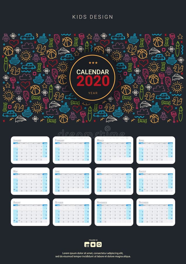 Kids Calendar 2020 with Hand Draw Doodle Background. Stock Vector ...