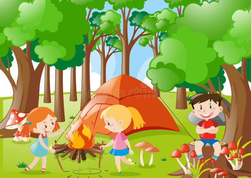 Kids Camping Out in the Woods Stock Vector - Illustration of tent ...
