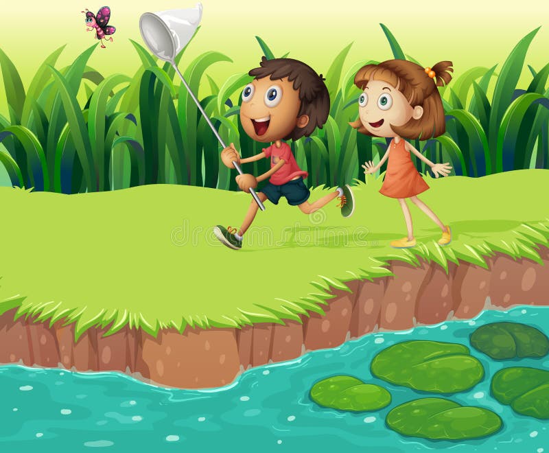 Kids catching butterflies stock vector. Illustration of outdoor - 32330893