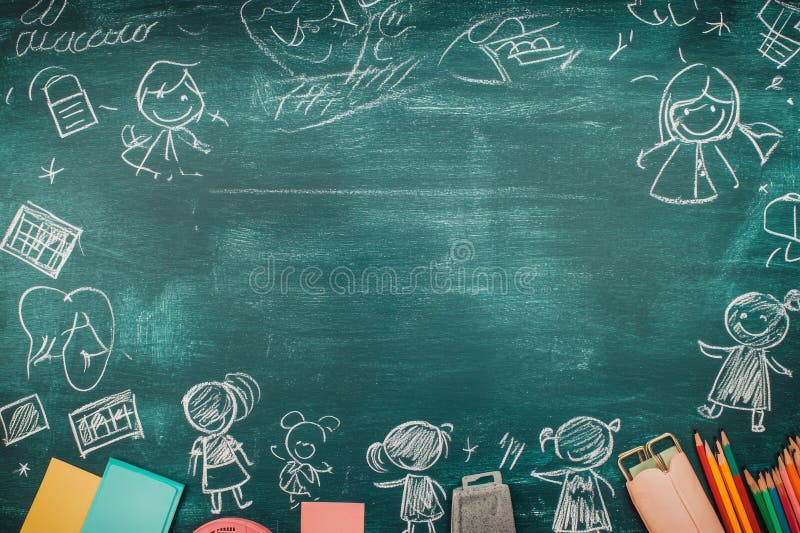 Kids Chalk Illustrations on a Blackboard Showing School Stock Image ...