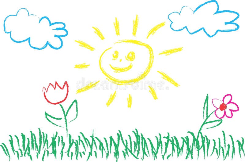 Kids Charcoal Drawing Sun Clouds Grass Flowers Spring World Vector ...