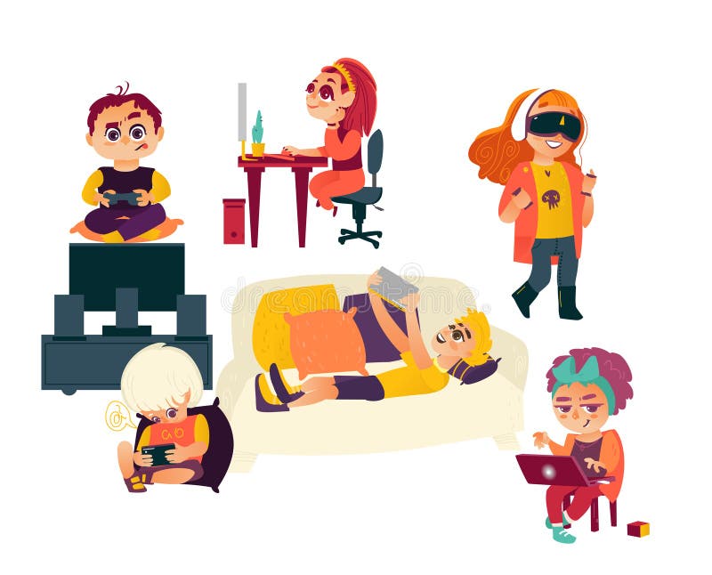 Kids Using Gadgets, Technologies, Back View Stock Vector - Illustration ...