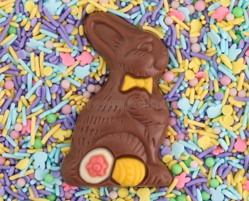 Chocolate Easter Bunny Rabbit on Colorful Easter Sprinkles Stock Photo ...