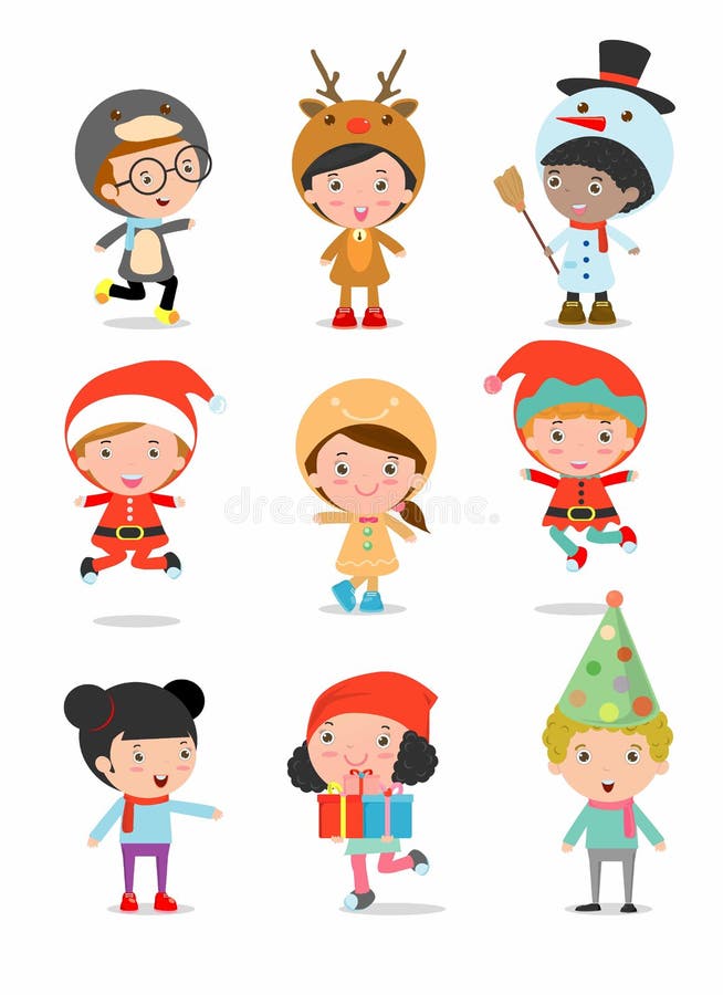 Kids with Christmas Costumes Set. Stock Vector - Illustration of ...