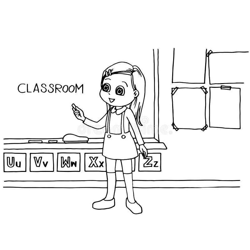 Kids in Classroom at Chalkboard Cartoon Coloring Page Vector Stock ...