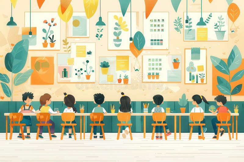 Kids in Classroom, Colorful Educational Posters, Flat Design ...