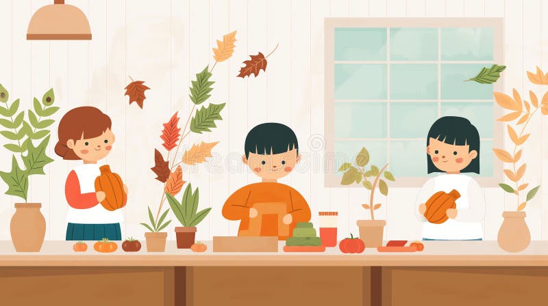 Kids in Classroom Making Autumn Crafts, Flat Design Illustration Stock ...