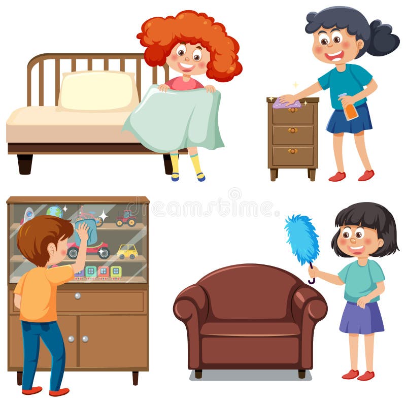 Kids Cleaning Cartoon Characters Collection Stock Vector - Illustration ...
