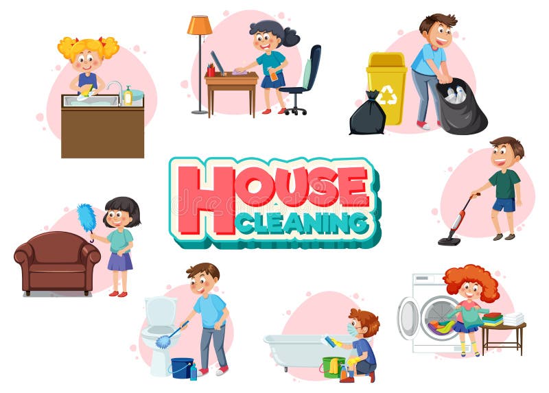 Kids cleaning at home set stock vector. Illustration of housework ...