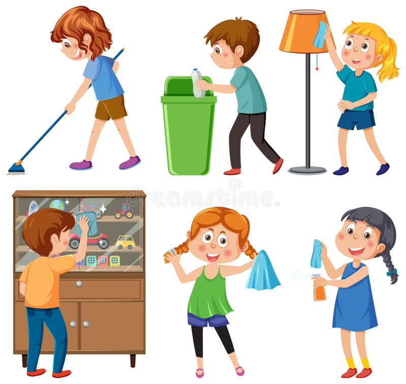 Kids cleaning at home set stock vector. Illustration of active - 262307936