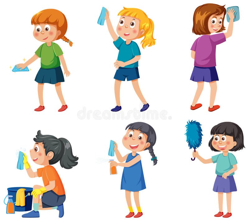 Kids cleaning at home set stock vector. Illustration of household ...