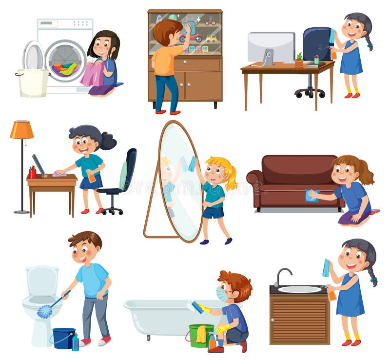 Kids cleaning at home set stock vector. Illustration of household ...