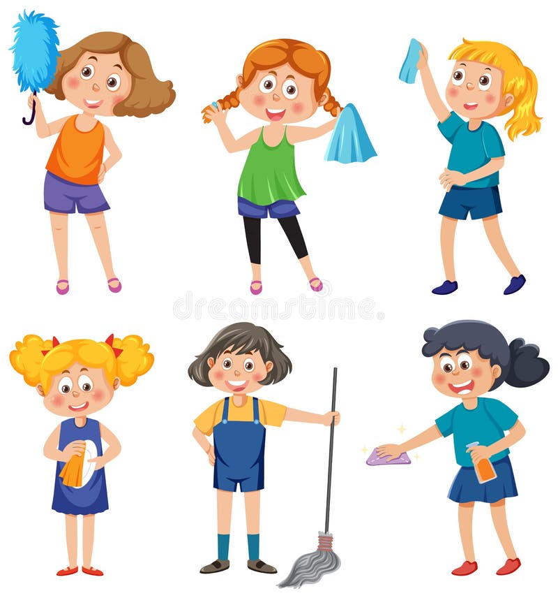 Kids cleaning at home set stock vector. Illustration of active - 265651961