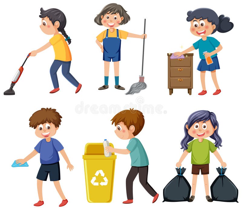 Kids cleaning at home set stock vector. Illustration of series - 270497537