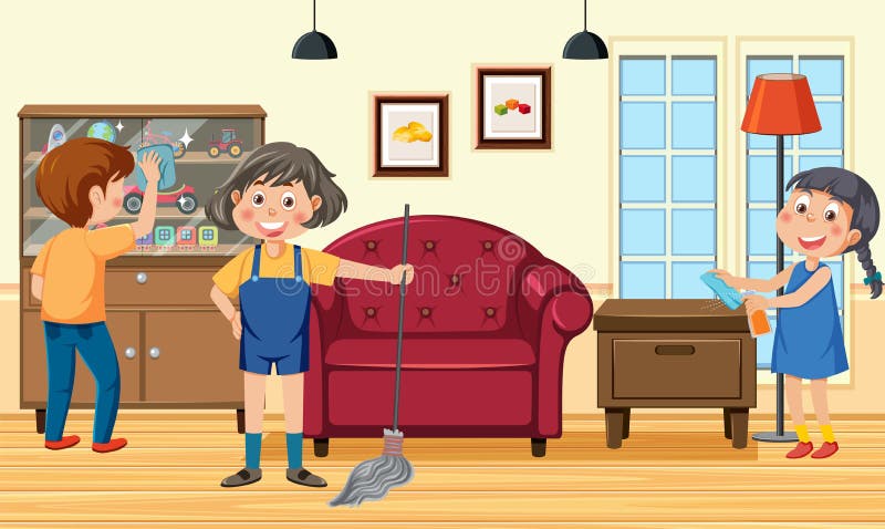 Kids Cleaning Room Together Stock Vector - Illustration of background ...