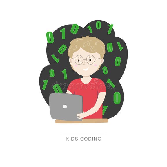 Kids Coding. Small Boy Learning Coding. Vector Illustration. Stock ...