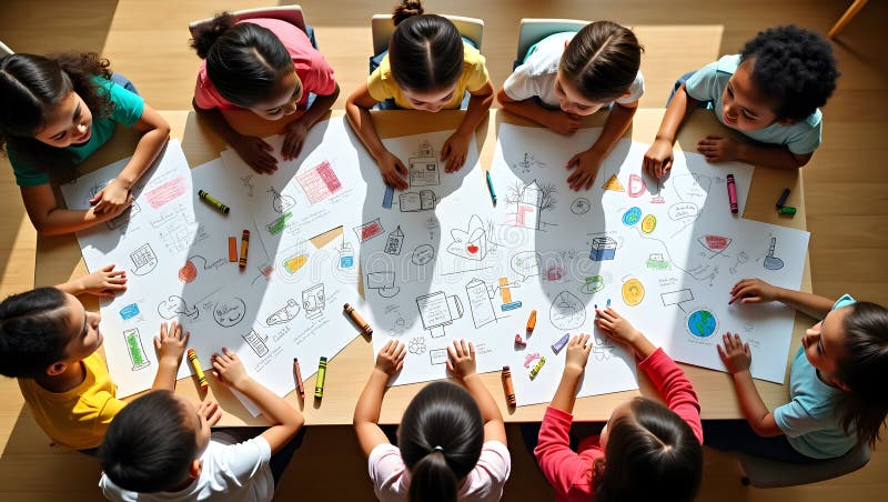 Kids Collaborative Art Project Stock Illustration - Illustration of ...