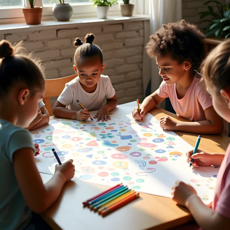 Kids Collaborative Art Project Stock Illustration - Illustration of ...