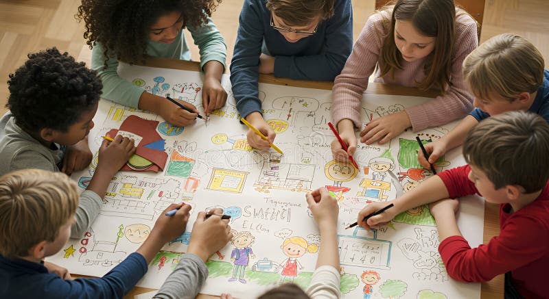 Kids Collaborative Drawing Project Stock Illustration - Illustration of ...