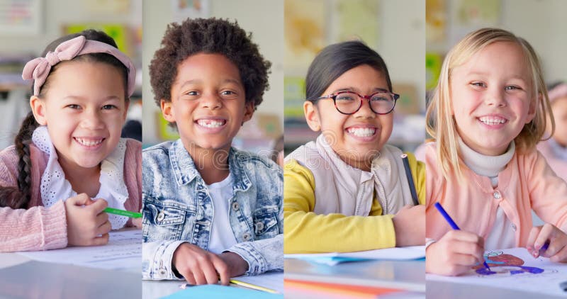 Kids, Collage and Portrait with Diversity at School for Work in ...